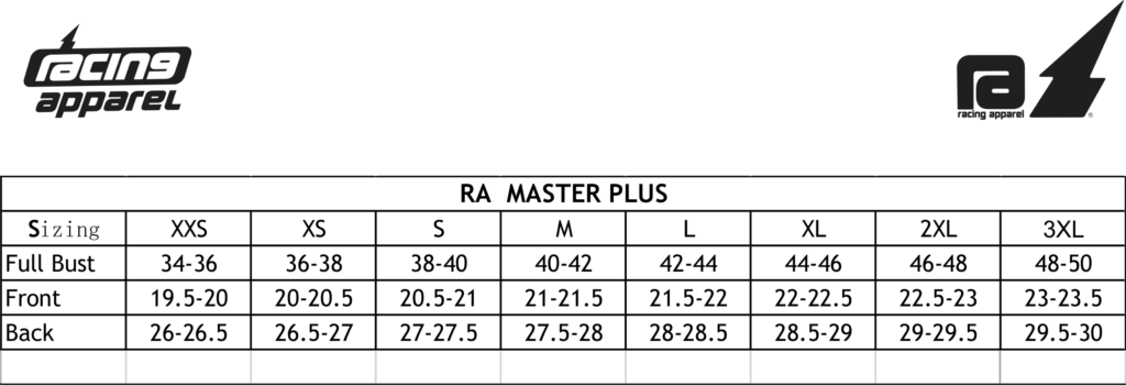 RA Racing Apparel Sizing Guide