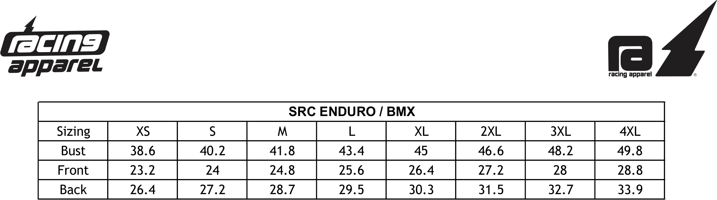 RA Racing Apparel Sizing Guide